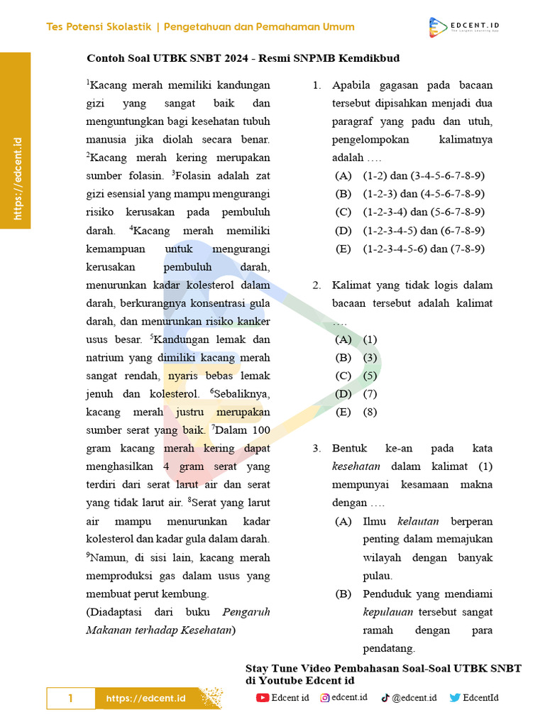 Pengetahuan Dan Pemahaman Umum-Contoh Soal UTBK SNBT 2024-SNPMB | PDF
