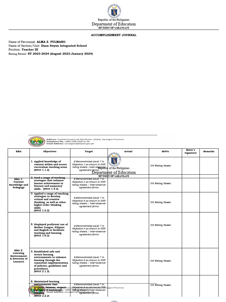 Accomplishment Journal 2023 2024 | PDF | Learning | Pedagogy
