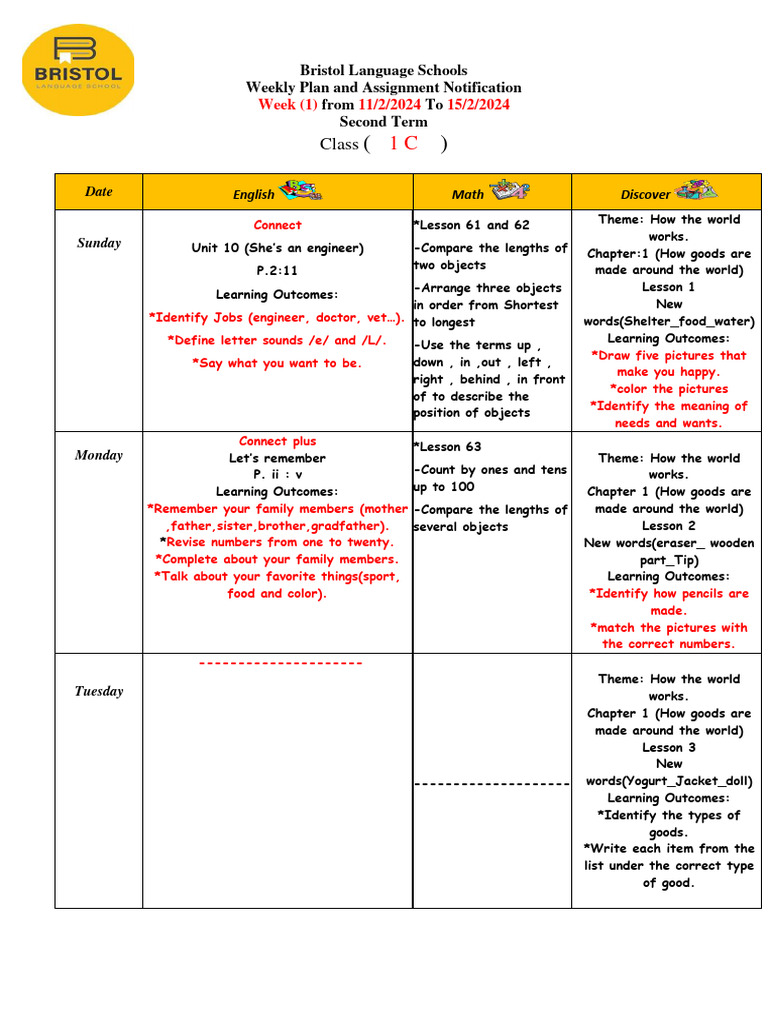 1C Weekly Plan - Week 1 Second Term | PDF