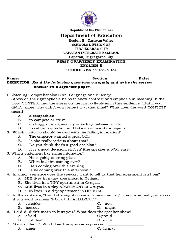 English 1 1ST Quarter Exam | PDF | Linguistics