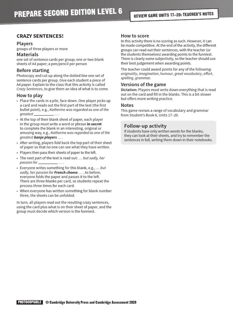 PREPARE - 6 - Review Game - Units 17-20 | PDF