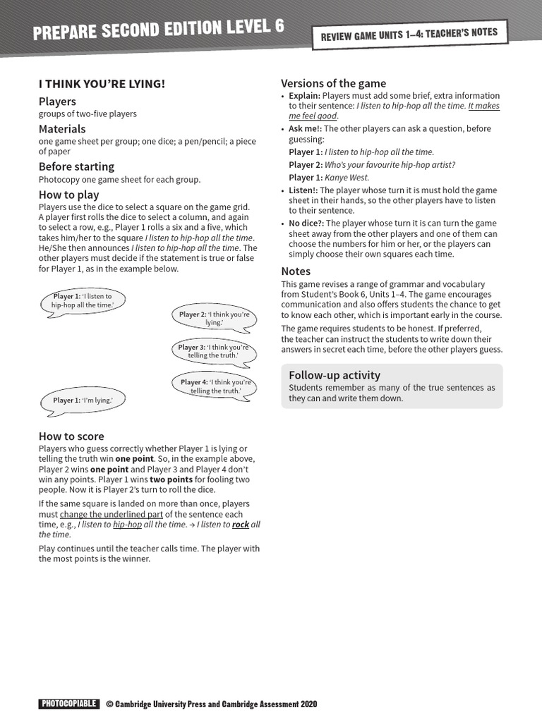 PREPARE - 6 - Review Game - Units 01-04 | PDF