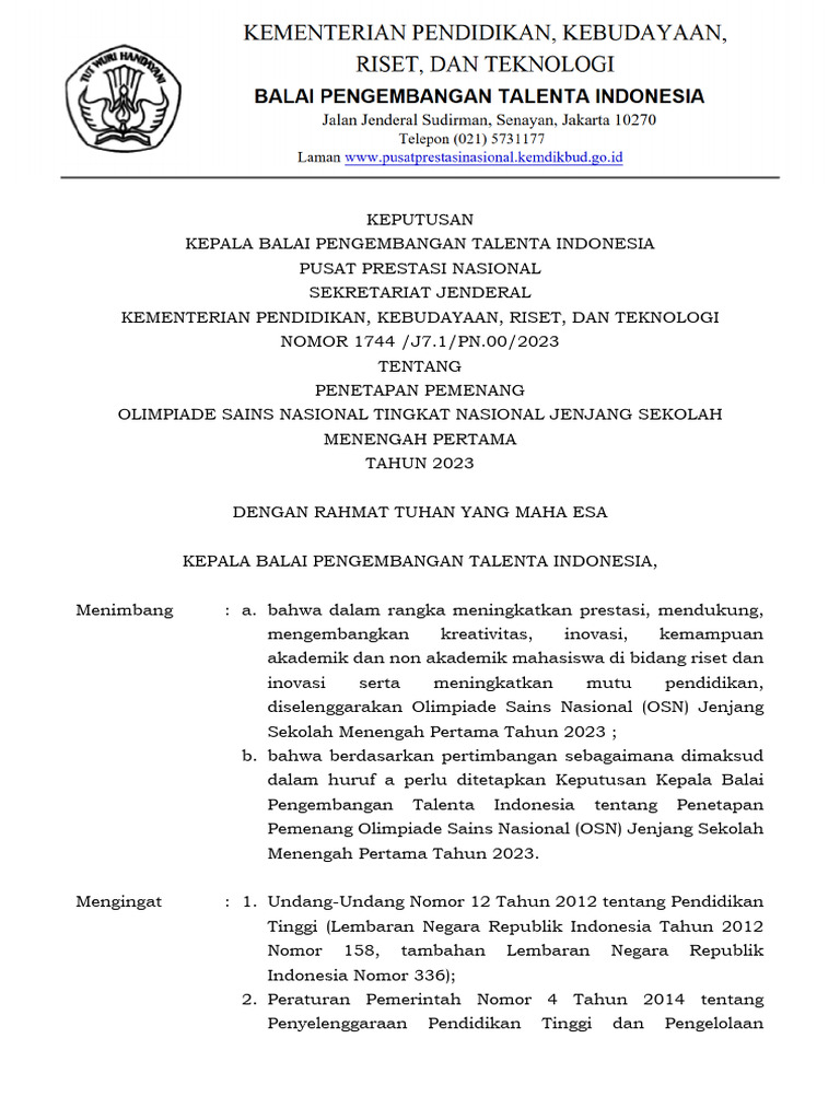 SK Pemenang OSN Nasional SMP | PDF SK Pemenang OSN Nasional SMP | PDF
