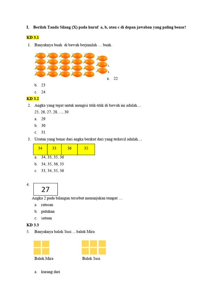 Soal PTS 2 MTK Kelas 1 K13 | PDF