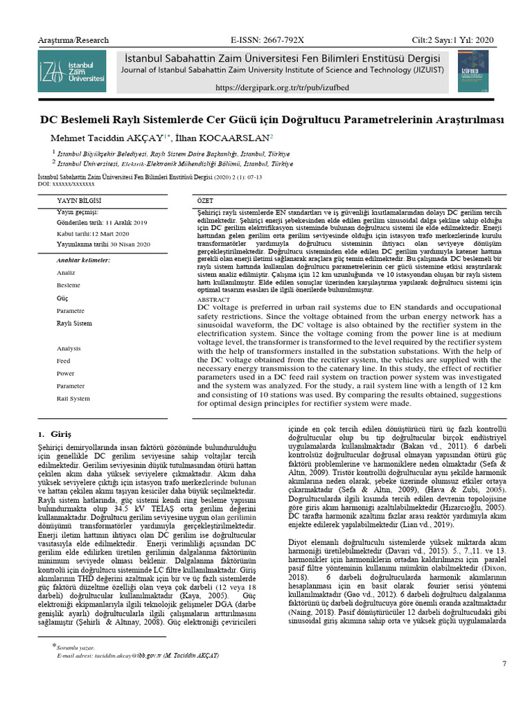 DC Beslemeli Rayl Sistemlerde Cer G C I in Do Rultucu Parametrelerinin Ara T R Lmas (#658257 ...