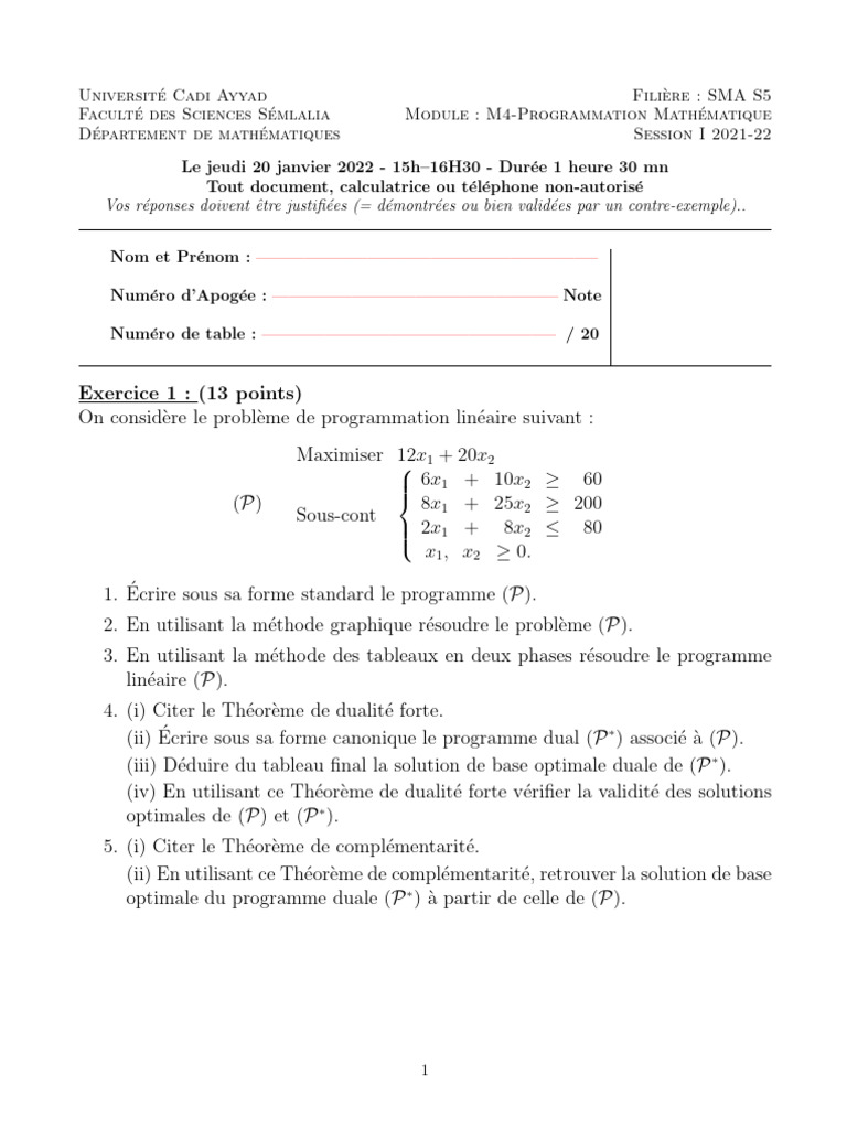 M4-Programmation Mathématiques Session I 2021-22 Fichier | PDF