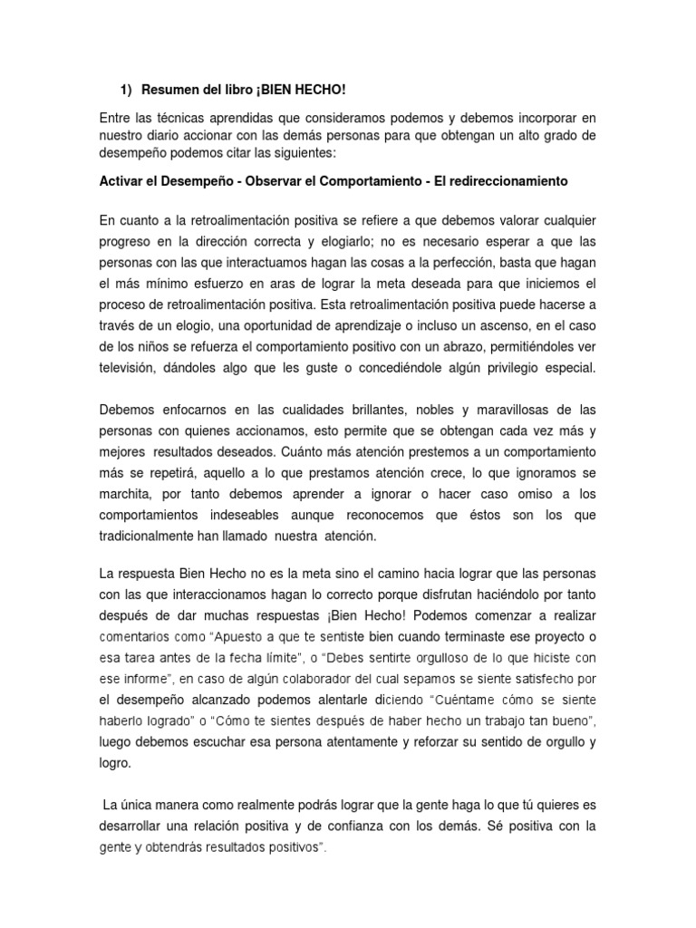 Resumen Del Libro Bien Hecho | PDF | Comportamiento | Realimentación
