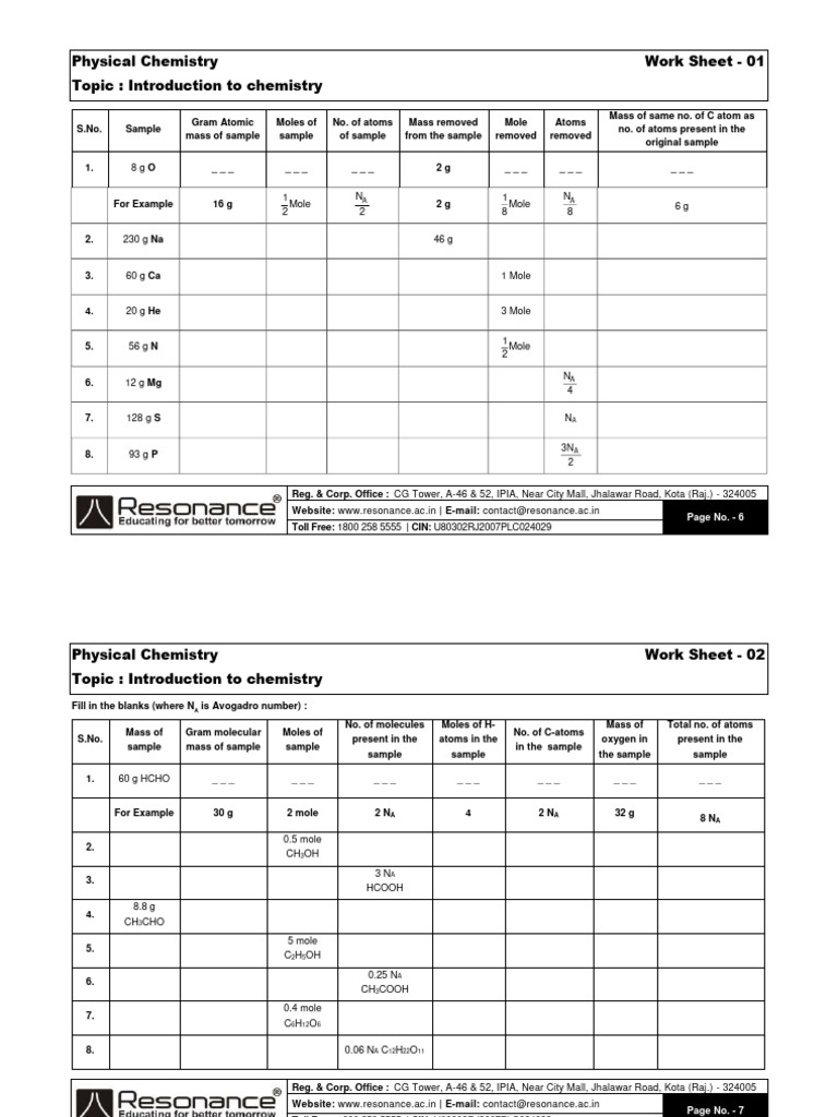 Work Sheet 1 To 3 ITC | PDF | Mole (Unit) | Molecules