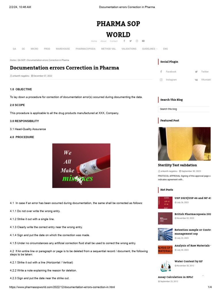 Documentation Errors Correction in Pharma | PDF | High Performance Liquid Chromatography