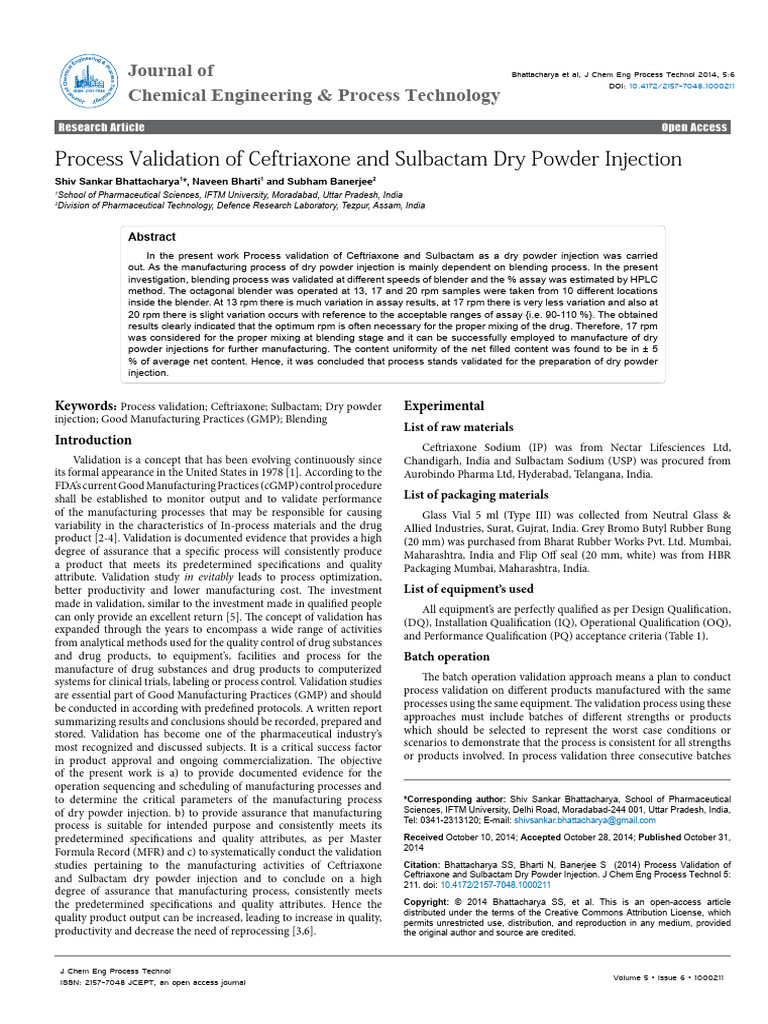 Process Validation of Ceftriaxone and Sulbactam Dry Powder Injection ...