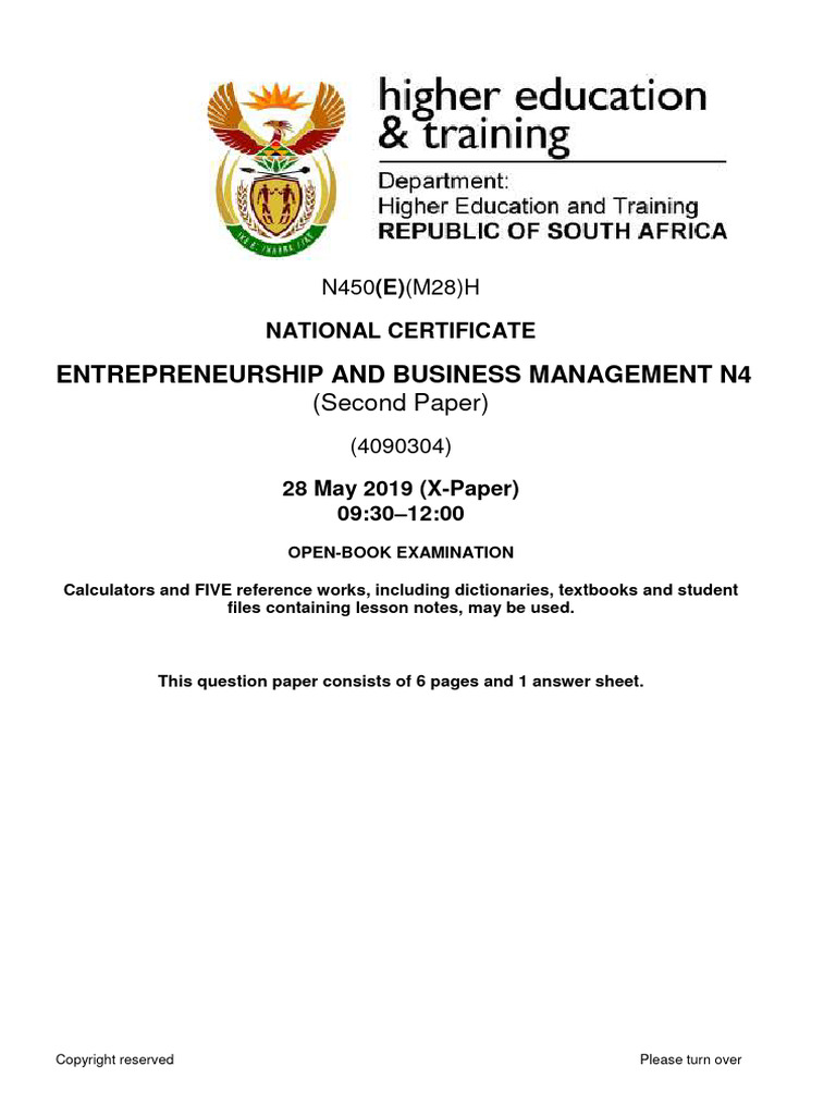 N450 - Entrepreneurship and Business Management N4 P2 QP Jun 2019 | PDF ...