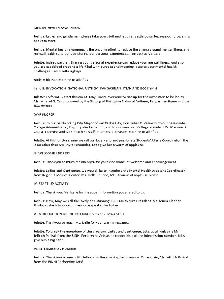 Mental Health Awareness Script Unofficial | PDF
