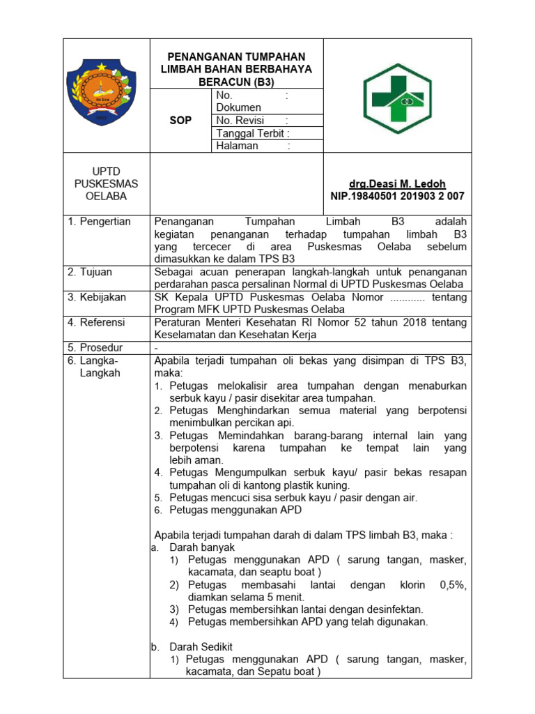 Sop Penanganan Tumpahan Limbah B3 | PDF