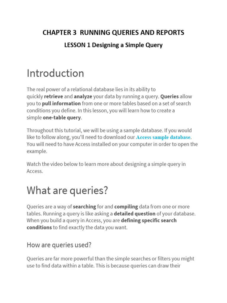 CHAPTER 3 LESSON 1 Designing A Simple Query | PDF | Information Retrieval | Databases