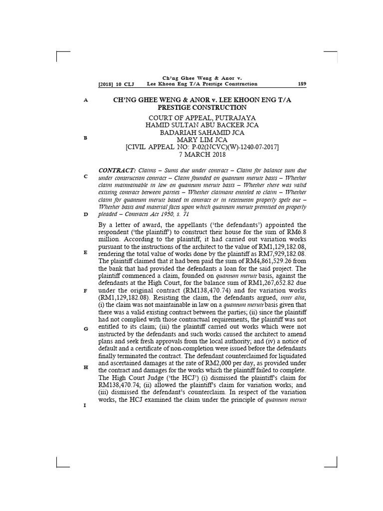 Quantum Meruit Claim in Construction Dispute | PDF | Consent | Justice