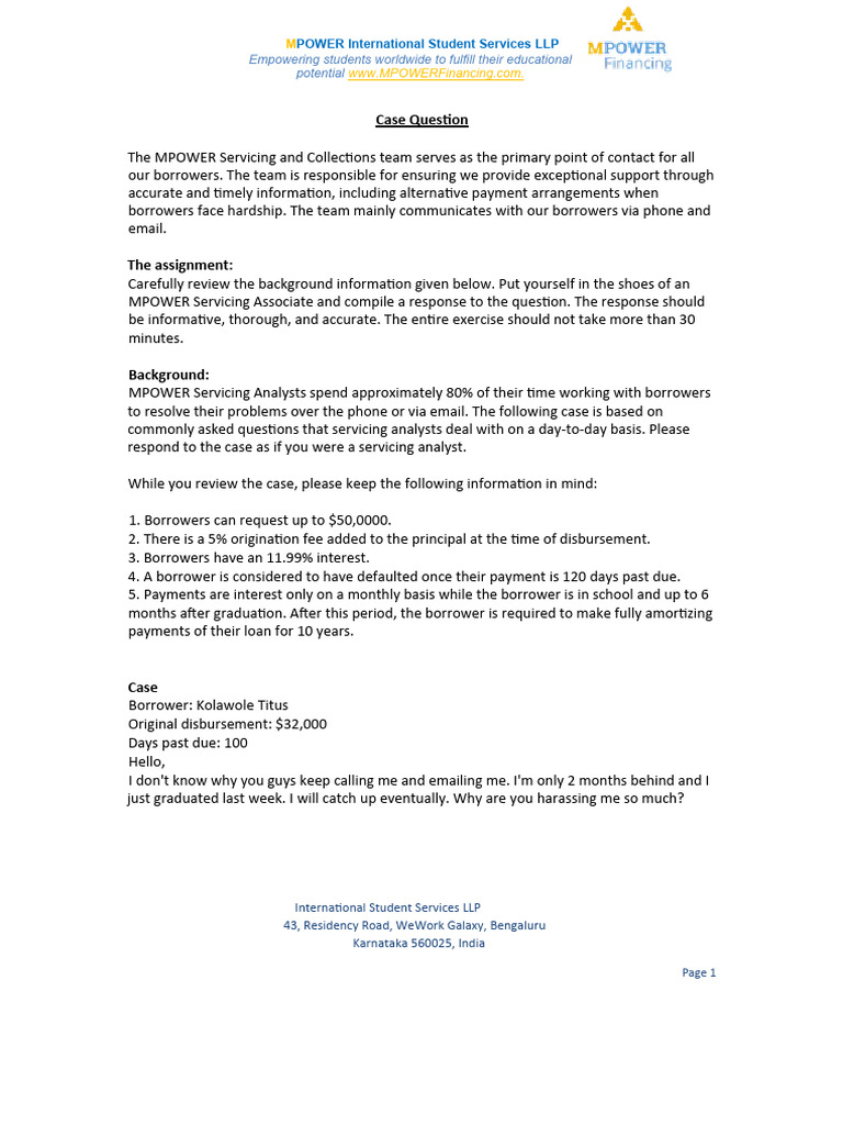 MPOWER Case Question Collections Analyst | PDF | Forbearance | Debt