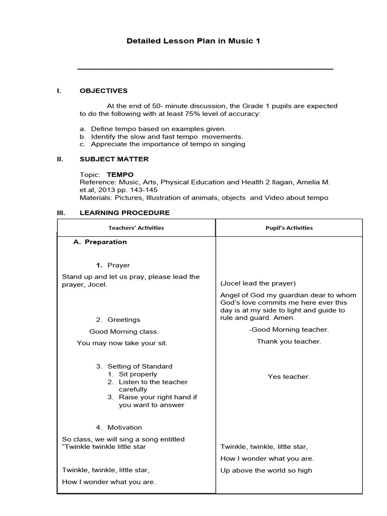 Grade 1 Music Lesson Plan: Tempo | PDF | Language Arts & Discipline