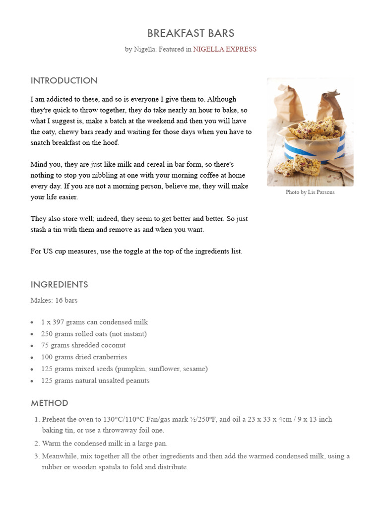 Breakfast Bars - Nigella's Recipes - Nigella Lawson | PDF