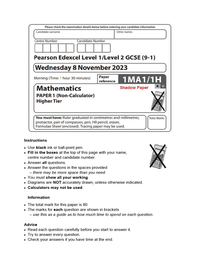 07a 1MA1 1H November 2023 Shadow Paper (Word) | PDF | Mathematics