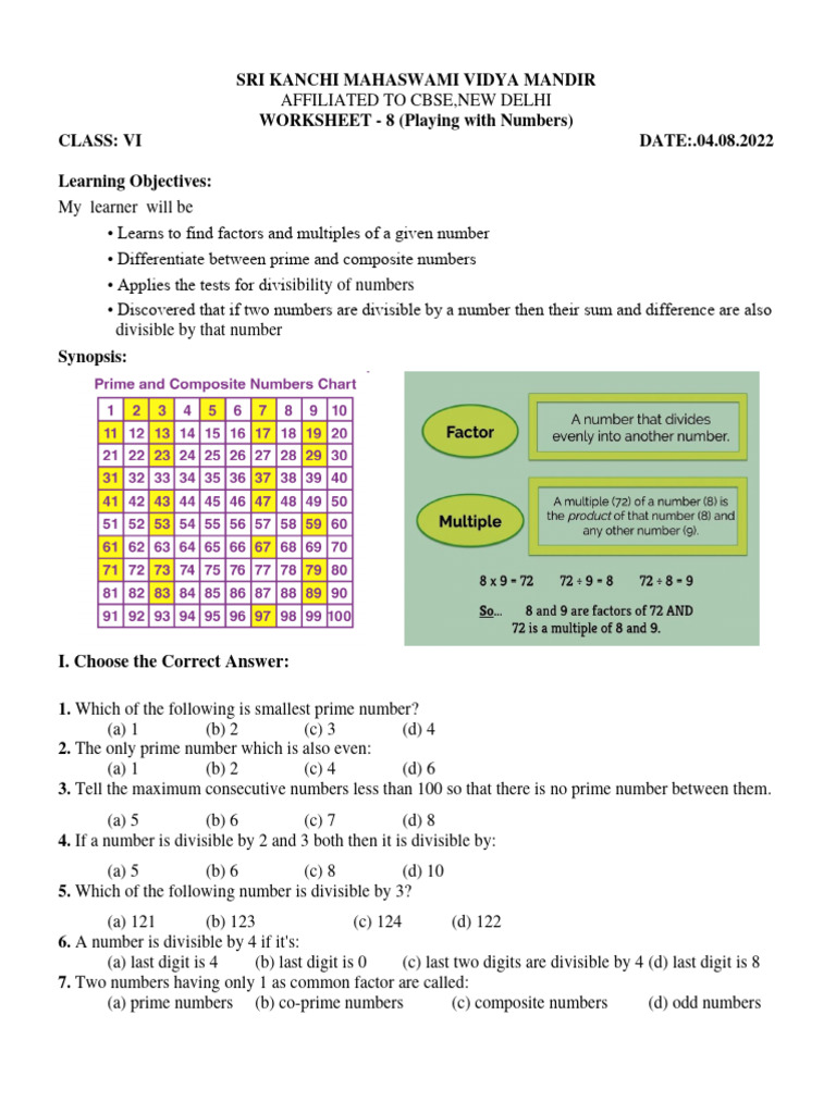 Class VI Math Worksheet (Playing with numbers) | PDF | Prime Number ...