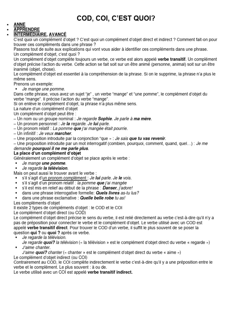Comprendre COD et COI en français | PDF | Complément d'objet | Clause