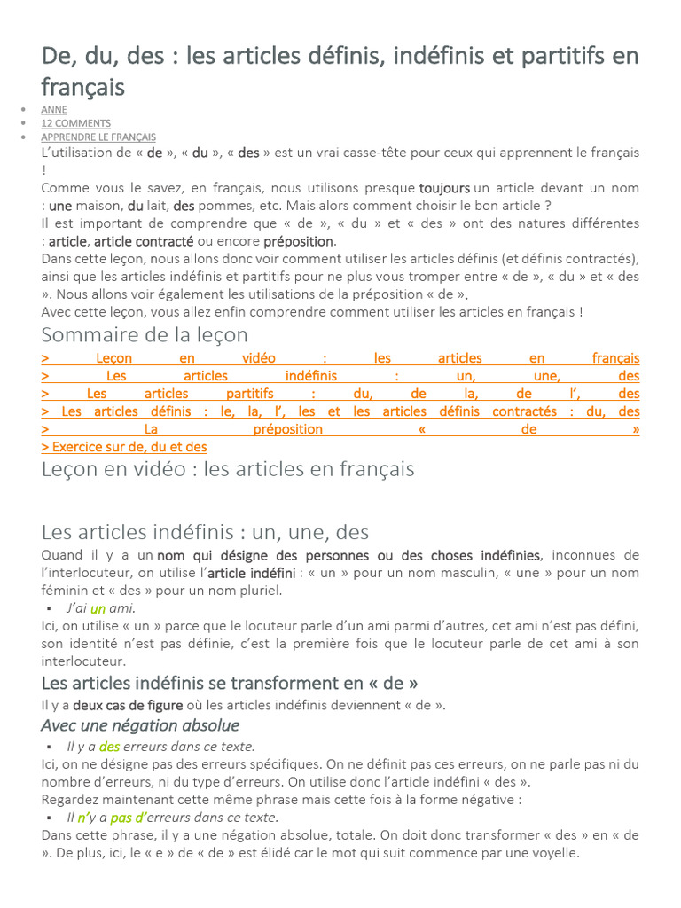 Articles en français : de, du, des | PDF | Nombre grammatical | Adposition