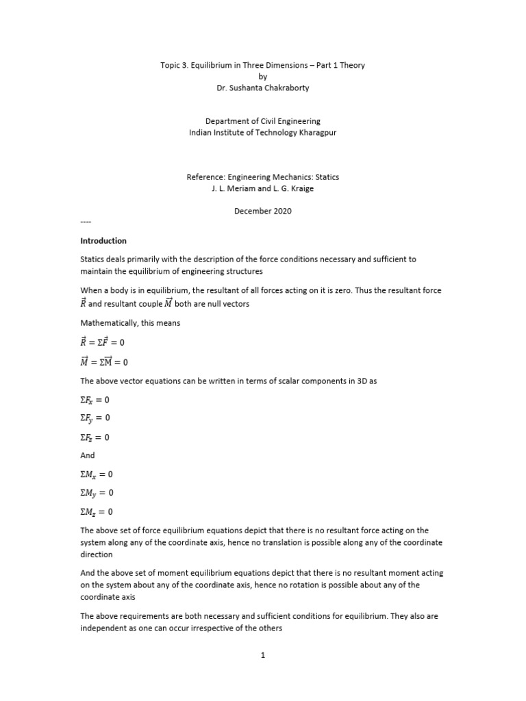 Equilibrium in 3D Lecture Note 1 | PDF | Force | Rotation
