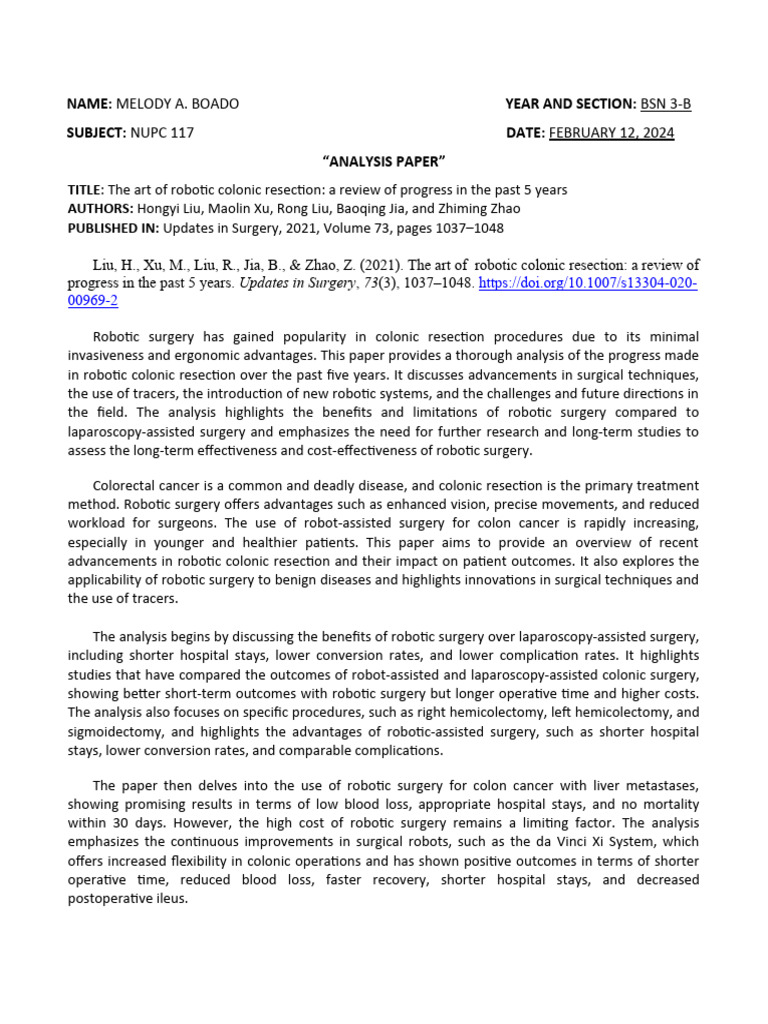 Analysis Paper For Robotic Colectomy | PDF