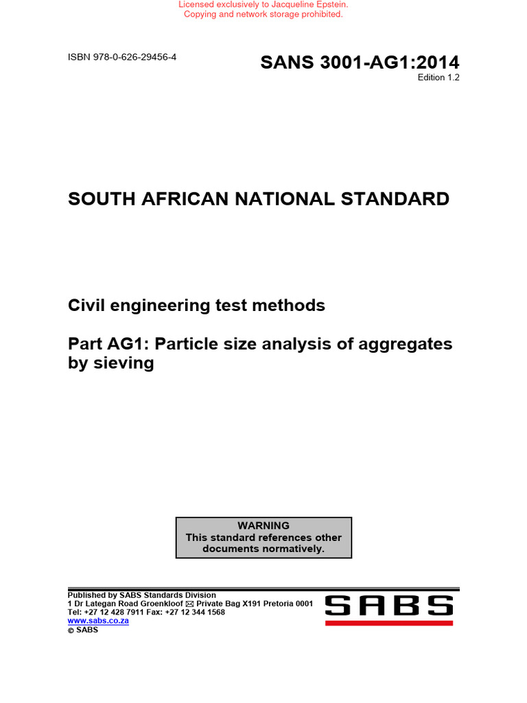 SANS 3001-AG1 2014 Civil Engineering Test Methods Part AG1 Particle ...