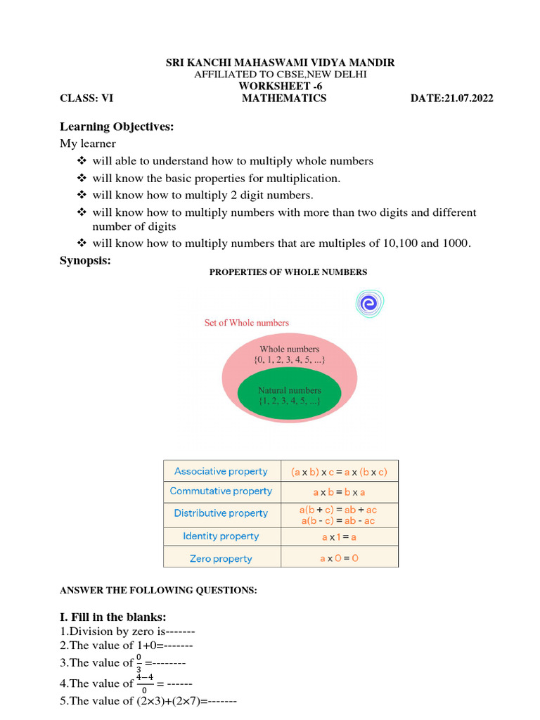 Maths class 6 worksheet (Whole Numbers) | PDF
