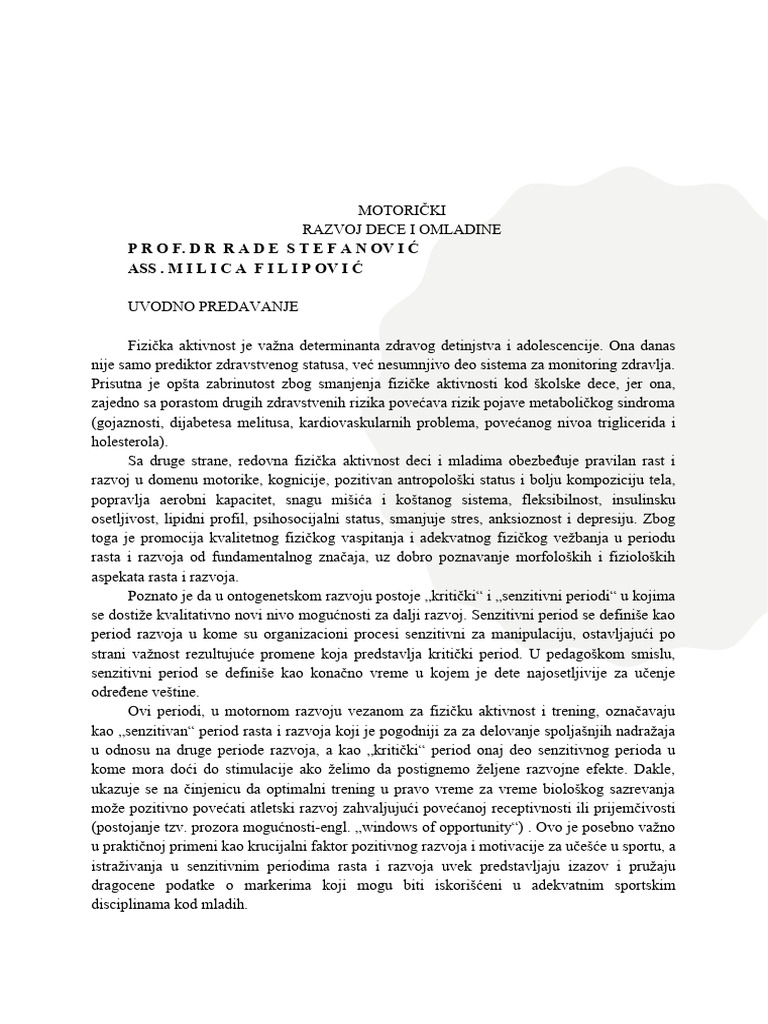 Motoricki Razvoj Dece I Omladine 1-10 | PDF