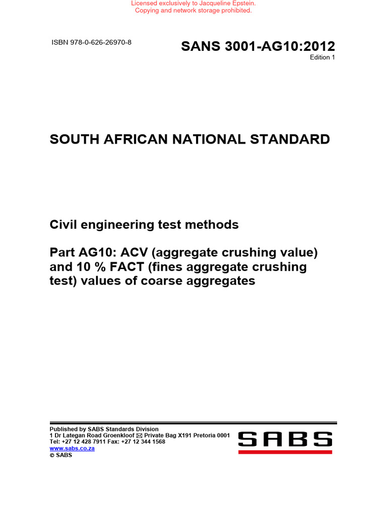 SANS 3001-AG10 2012 Part AG10 ACV (Aggregate Crushing Value) and 10 % ...
