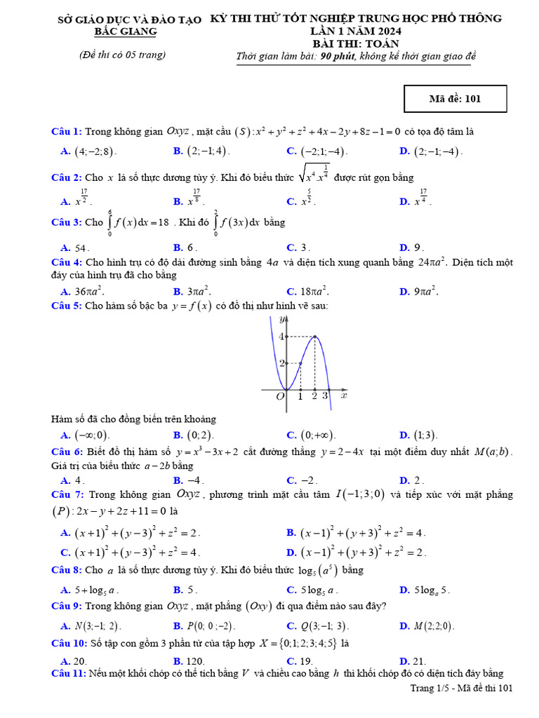 De Thi Thu Tot Nghiep THPT Lan 1 Nam 2024 Mon Toan So GDDT Bac Giang | PDF