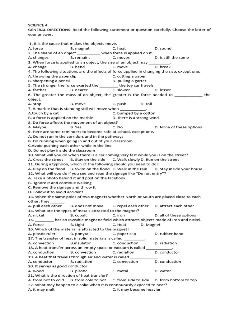 Science Quiz: Forces and Heat Concepts | PDF | Light | Reflection (Physics)
