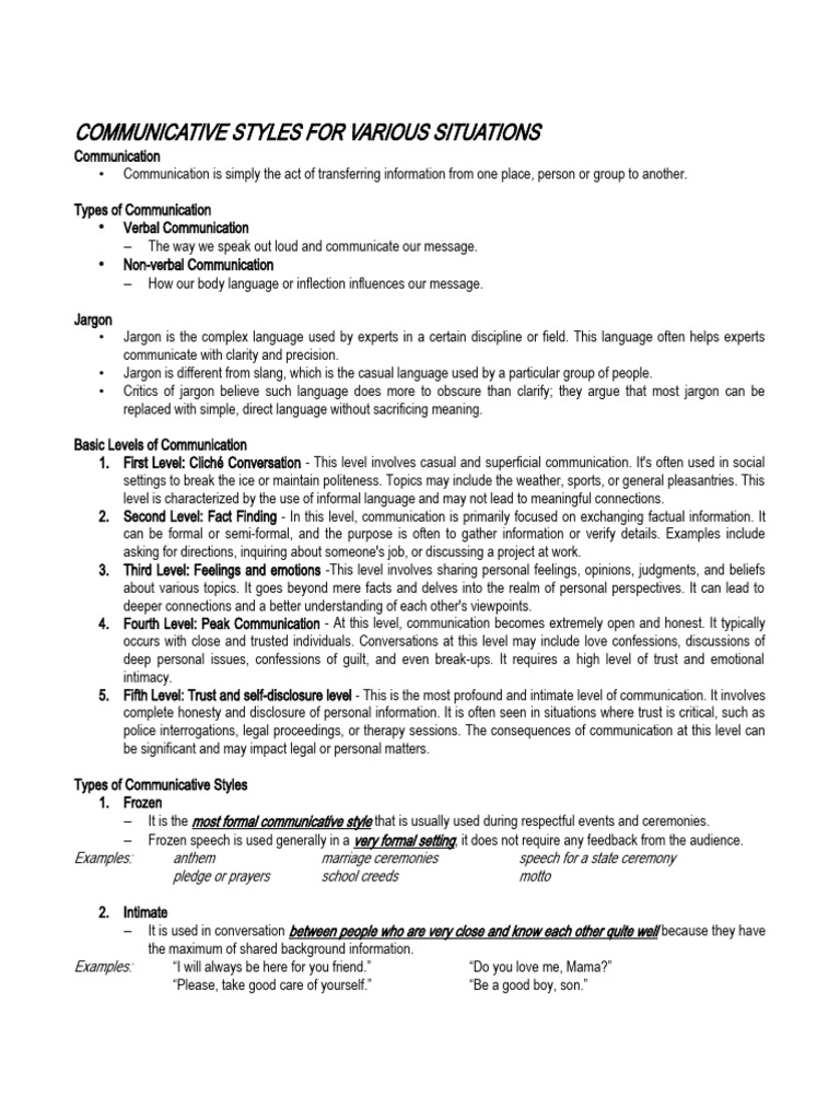 Communicative Styles For Various Situations | PDF | Communication | Conversation