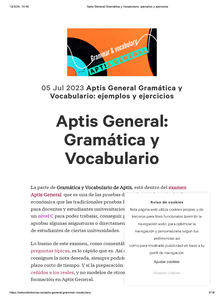 Aptis General Gramática y Vocabulario - Ejemplos y Ejercicios | PDF ...
