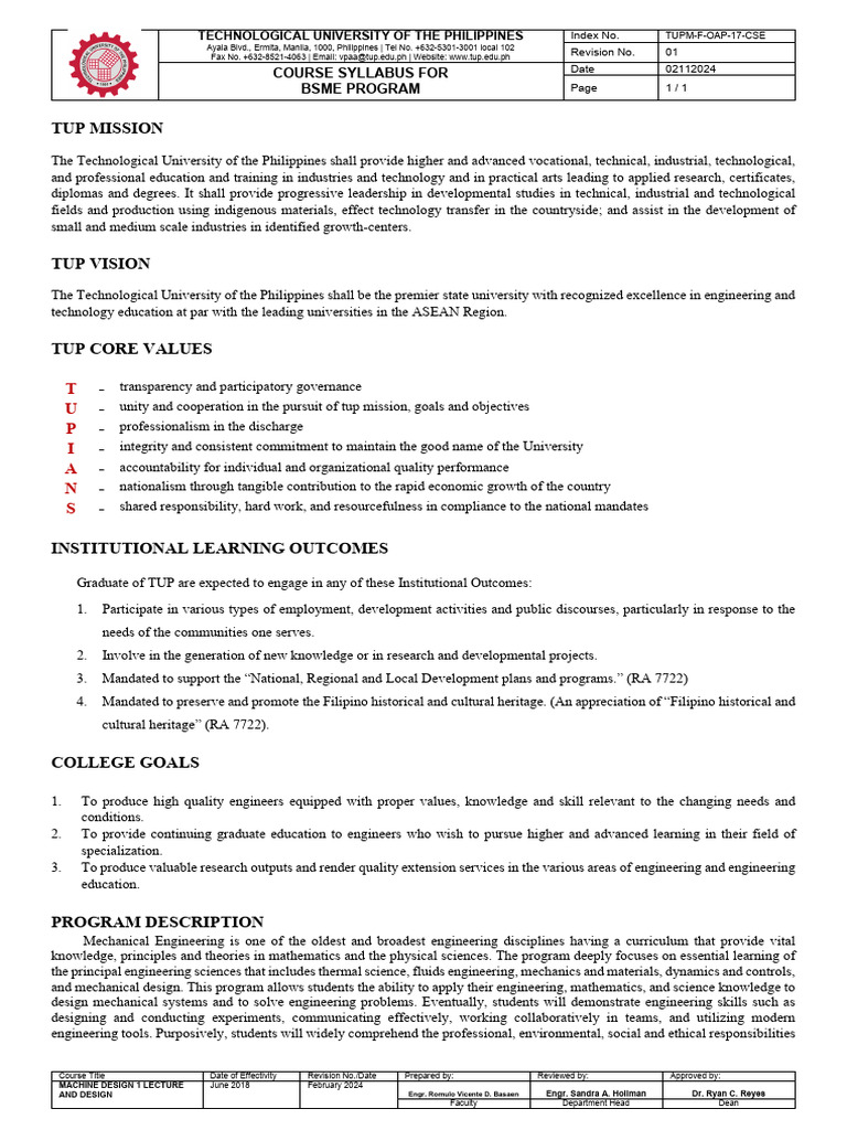 MD1 Syllabus Mixed Feb 2024 (Lec and Design) EDITED | Download Free PDF | Engineering ...