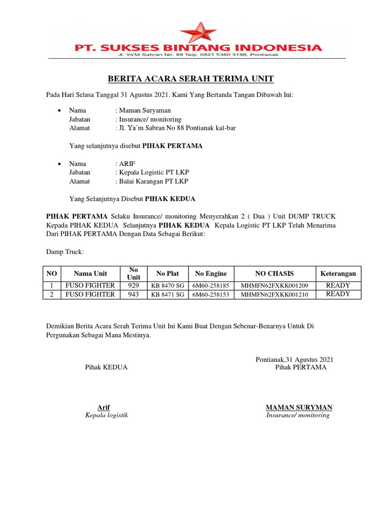 BERITA ACARA SERAH TERIMA UNIT pt lkp... | PDF