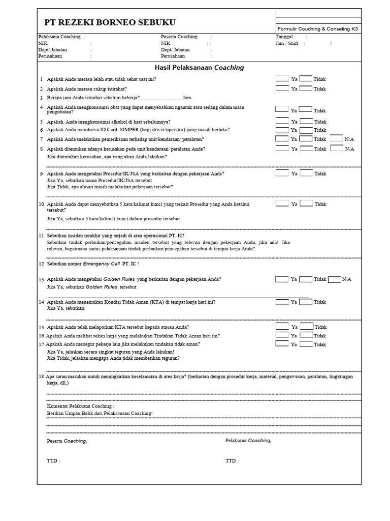 RBS Formulir Coaching & Counseling Keselamatan Pertambangan | PDF