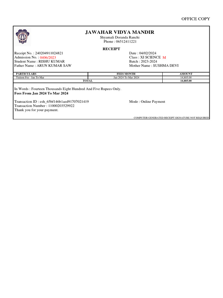 Jawahar Vidya Mandir: Receipt | PDF | Receipt | Financial Technology