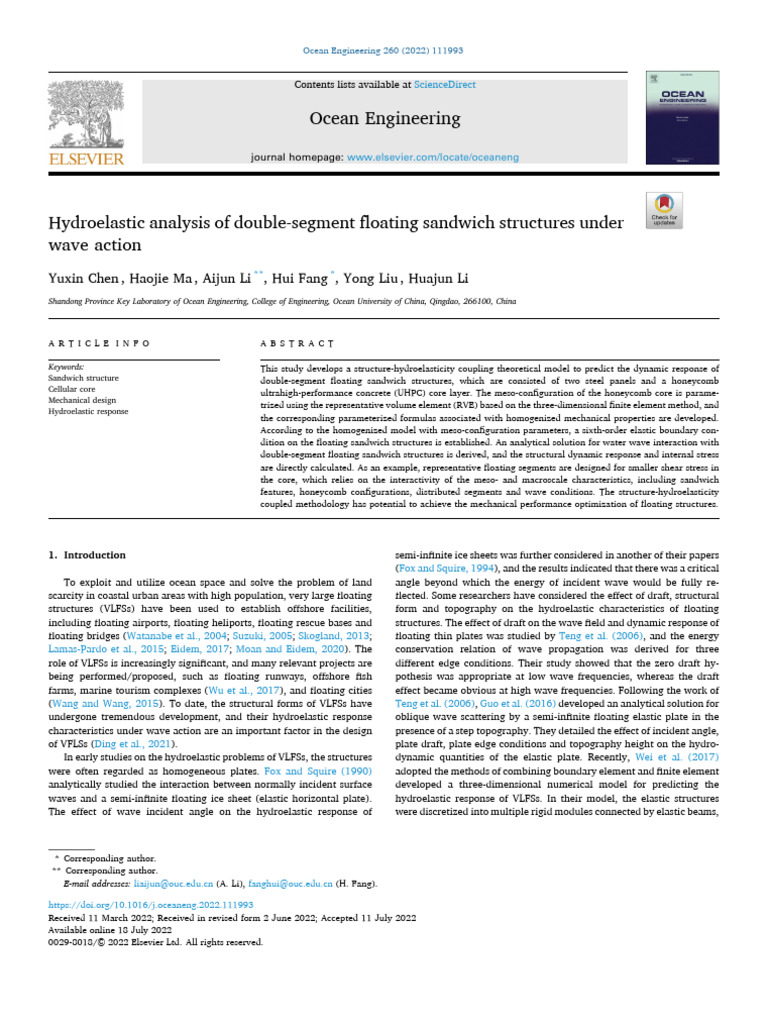FangHui - OE2022 - Hydroelastic Analysis of Double-Segment Floating Sandwich Structures Under ...