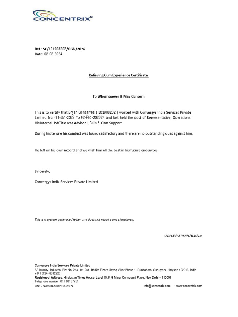 Concentrix Experience Certificate for Bryan Gonsalves | PDF