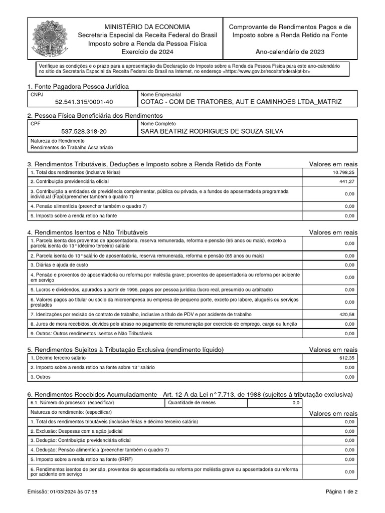 Informe Rendimento 2024 | PDF | Imposto de Renda | Renda