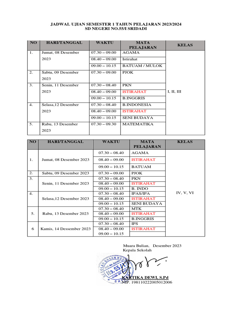 Jadwal Ujian Semester 1 Tahun Pelajaran 2023 Fiks | PDF