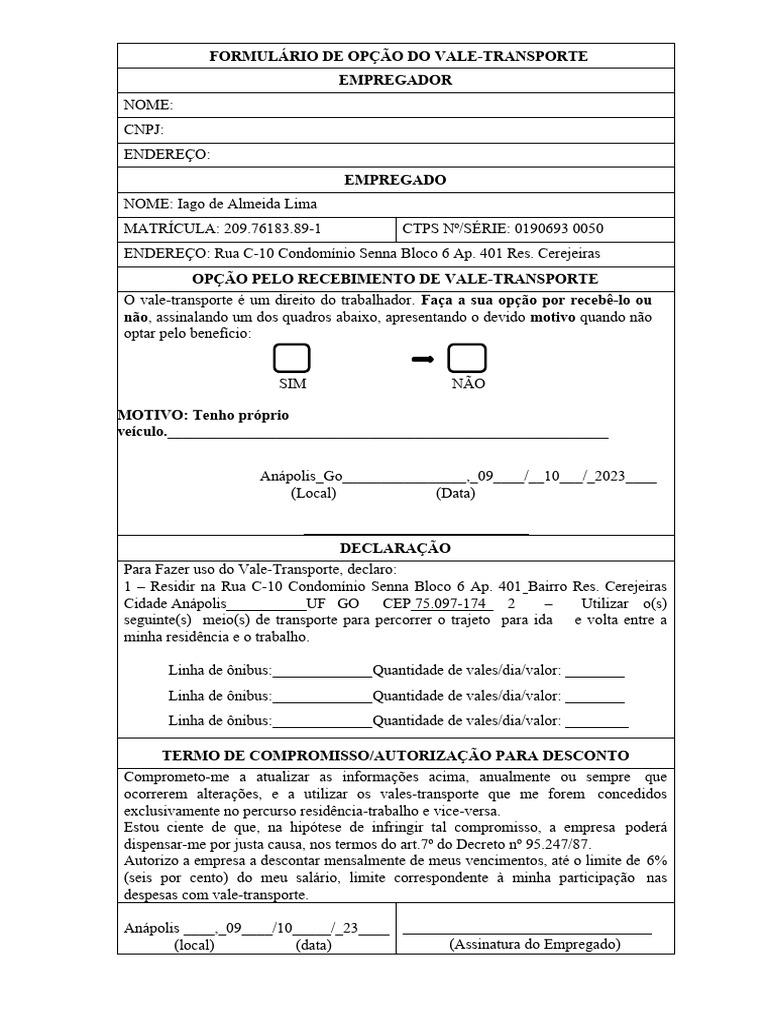 Declara o Vale Transporte Modelo 1 PDF