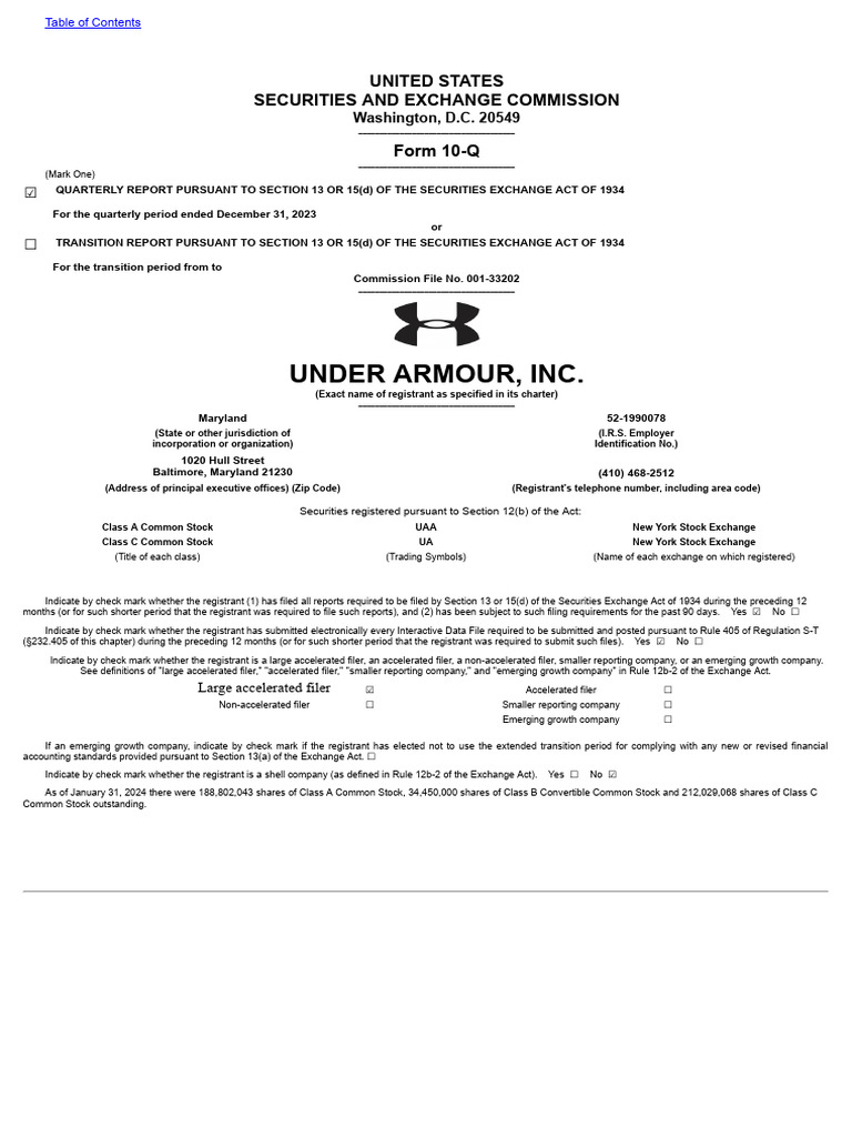 UA (Under Armour Inc. Class C) General Form For Quarterly Reports Under ...