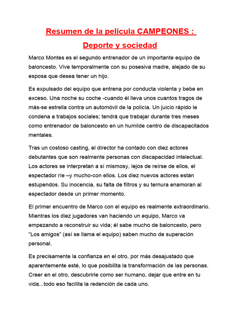Resumen de la película Campeones | PDF