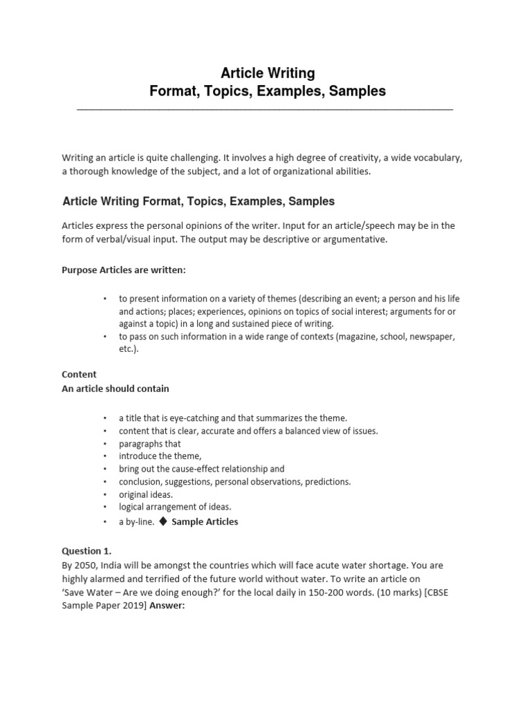 Article Writing Format, Topics, Examples, Samples | Download Free PDF | Tourism | Water