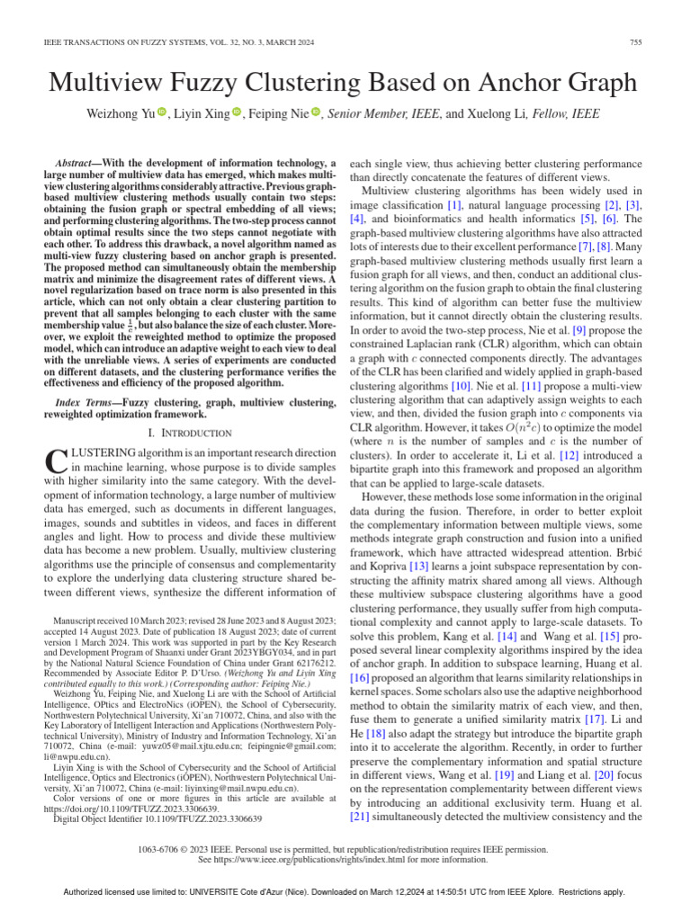 Multiview Fuzzy Clustering Based On Anchor Graph Pdf Cluster Analysis Applied Mathematics