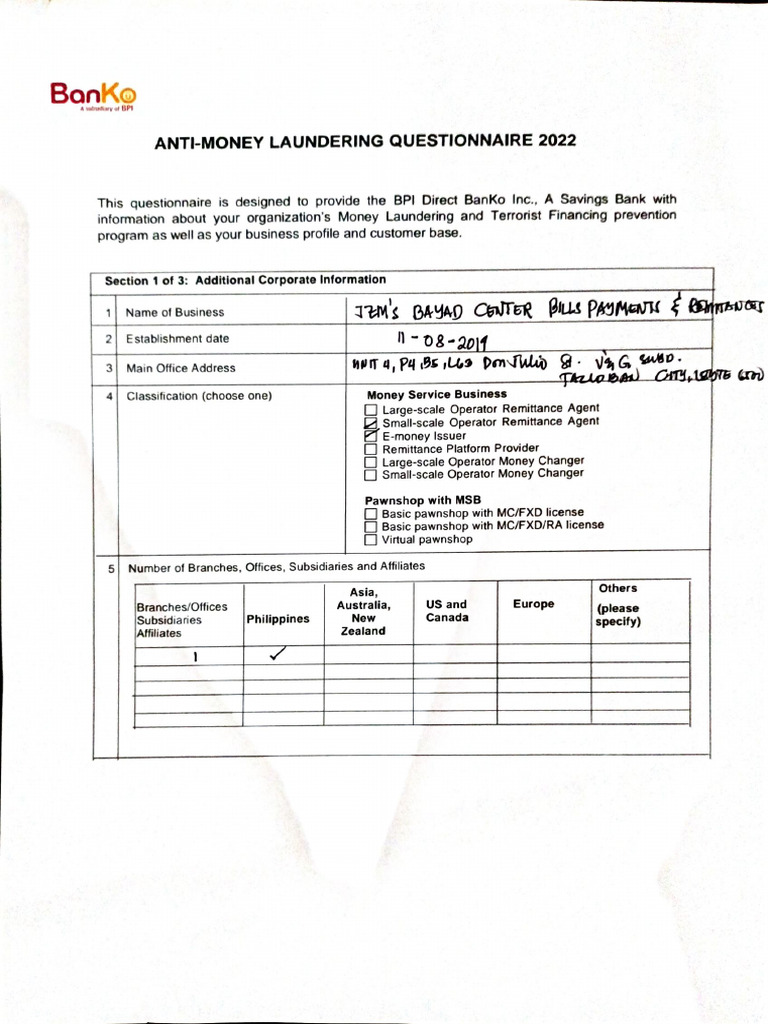 AML QUESTIONNAIRE 2022 | PDF